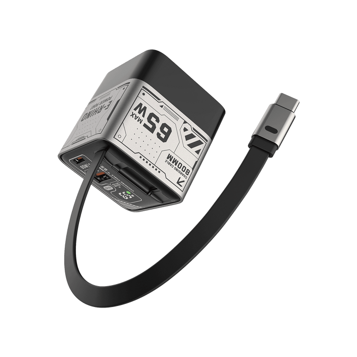 mfish E-RHINO Charger (65W, 3 Ports, Built-In and Retractable Cables)